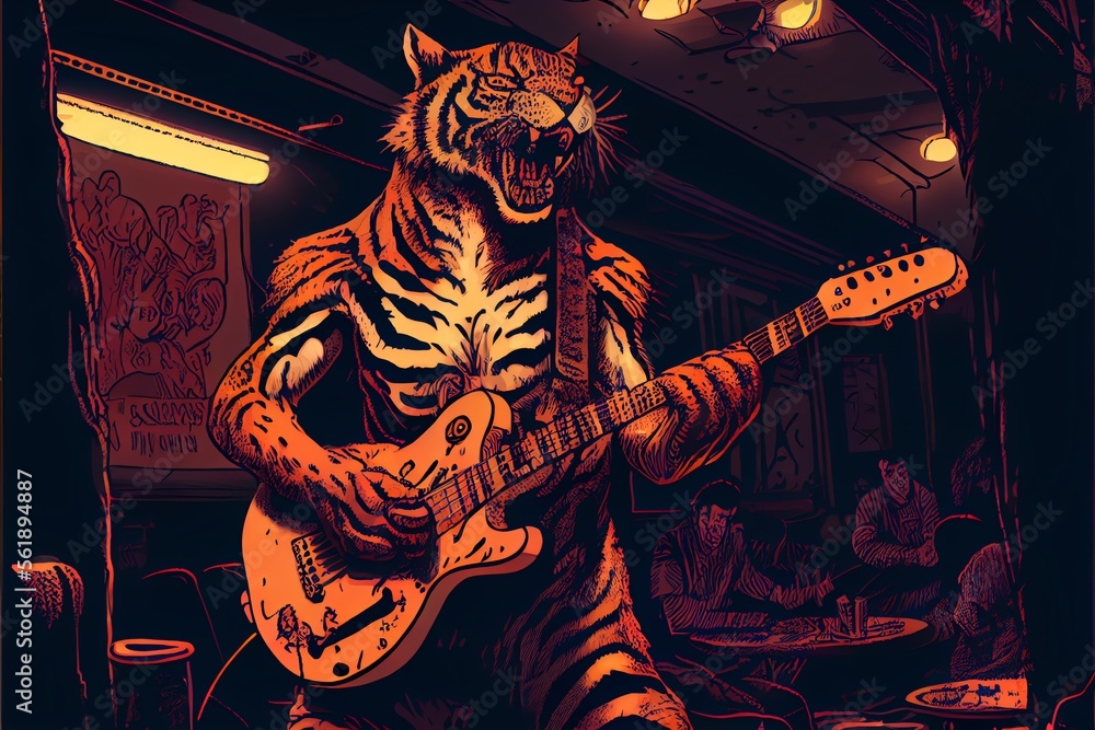 An illustration of a tiger playing the guitar in a night club ...
