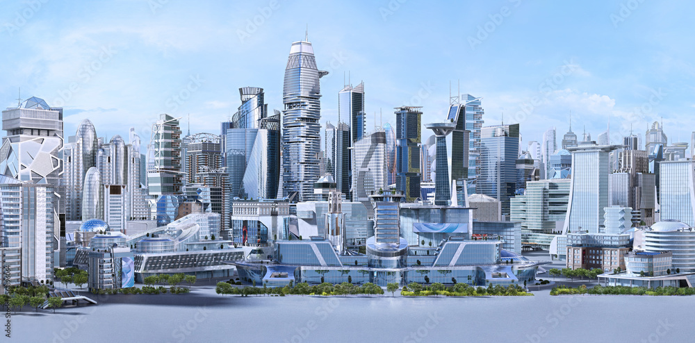 Modern city skyline panorama. Futuristic eco cityscape concept ...