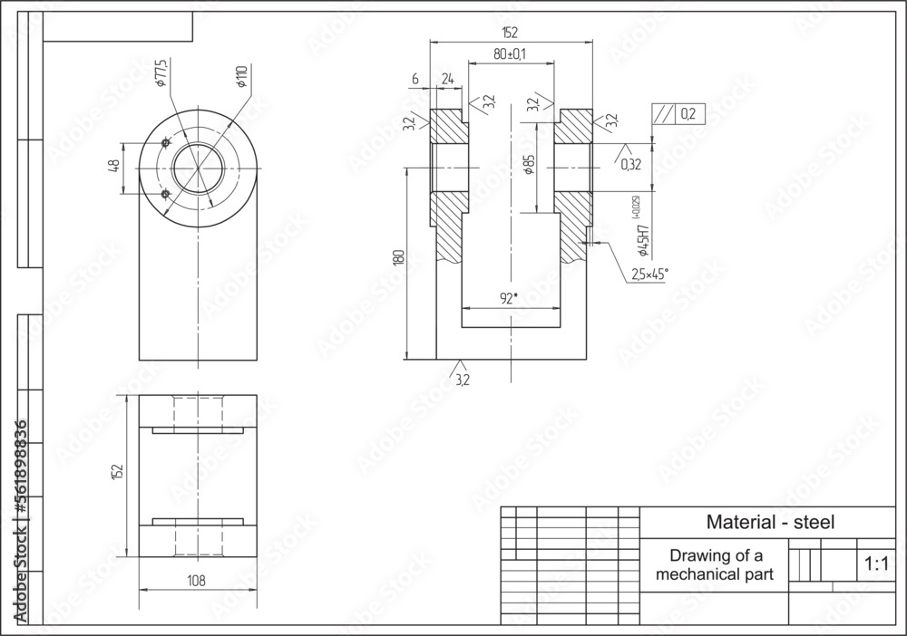 Vector drawing of a steel mechanical part with through holes ...