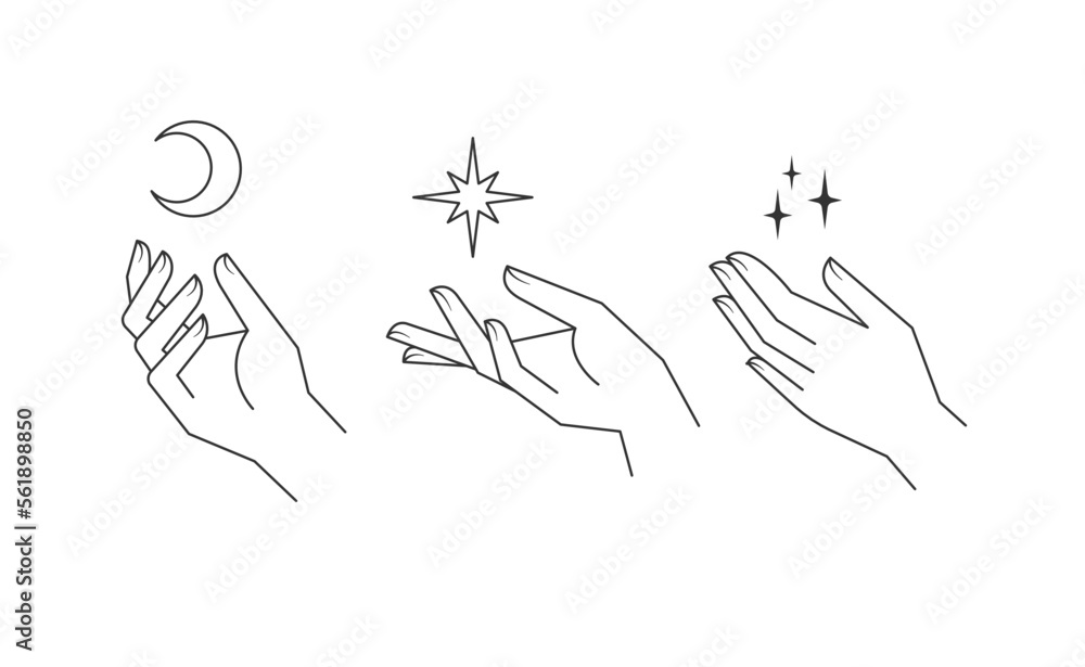 Aesthetic hands vector linear illustrations. Stylized elegant hand ...