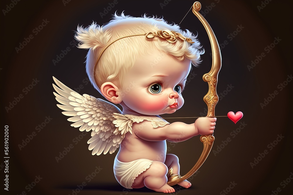 cartoon style cupid shooting heart on dark background, photo-realistic ...
