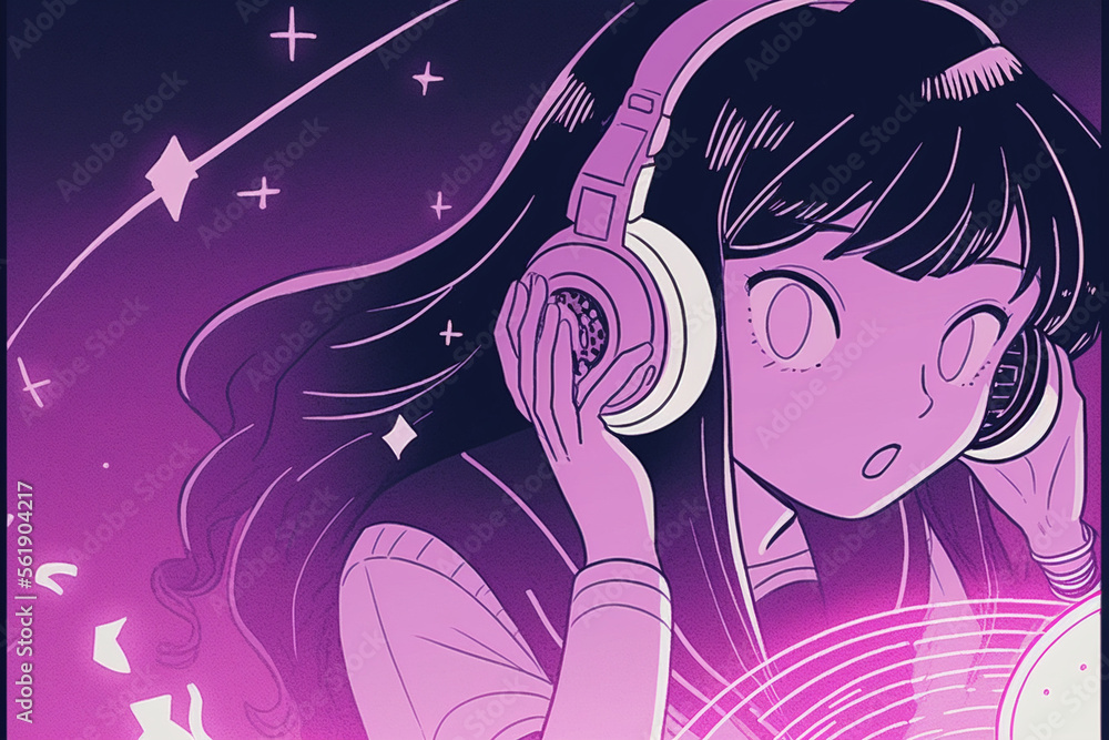 cute anime girl listening to music Stock Illustration | Adobe Stock