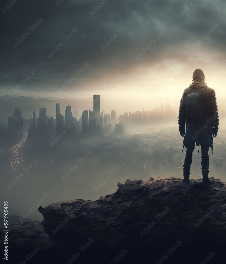 Back view of a man in a post apocalypse style. Dystopian city with the ...
