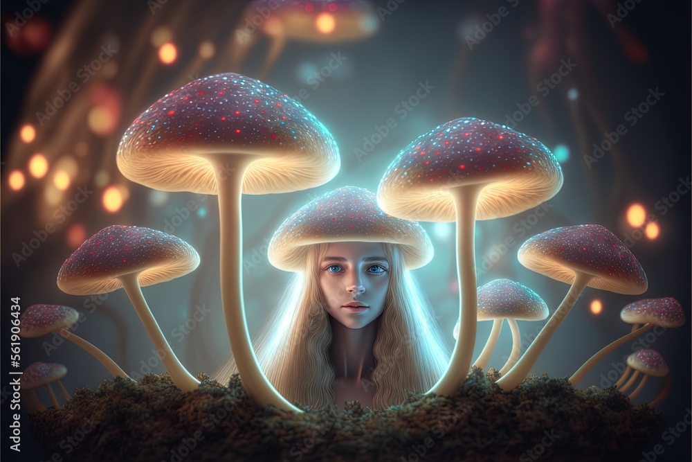 Glowing mushroom lamps with fireflies in magical forest. the forest ...