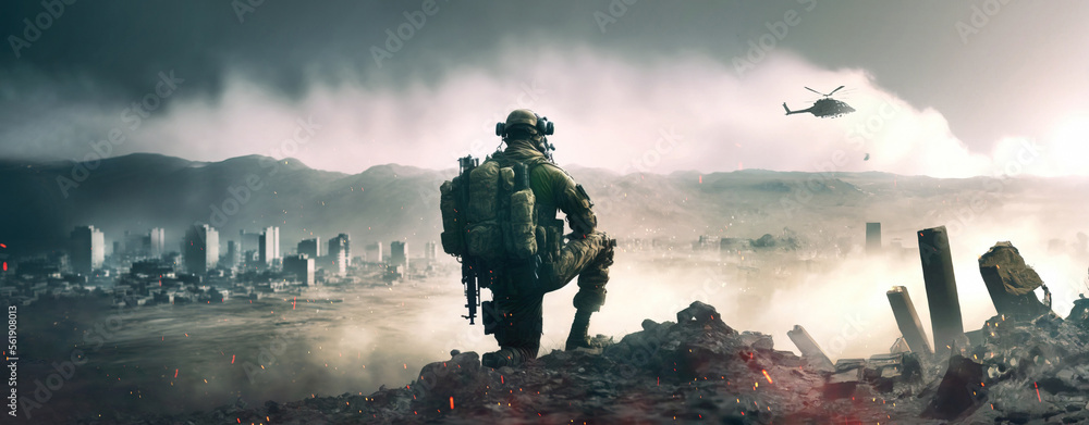 military special forces soldier watching destroyed warzone through fire ...