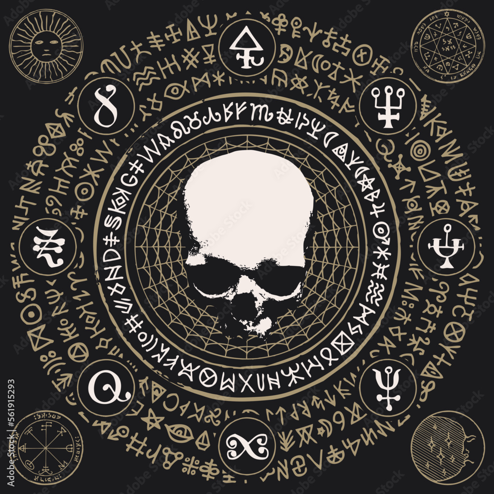 Vector illustration with people skull, pentagram, occult and witchcraft ...
