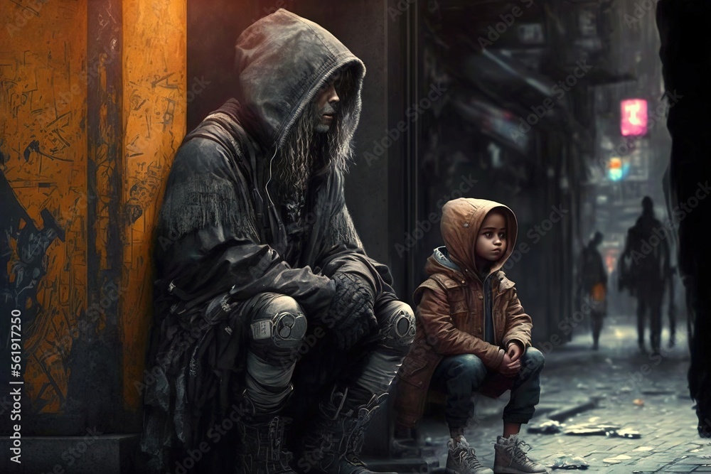 A poor man in a hoodie sitting with his child in the slums of a ...