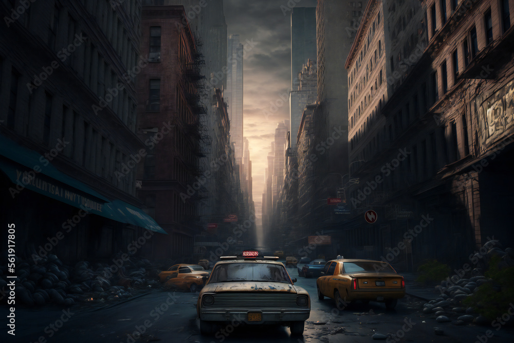 Abandoned New York City in the future. Empty roads and a dystopian ...