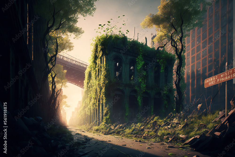 Abandoned New York City in the future. Empty roads and a dystopian ...