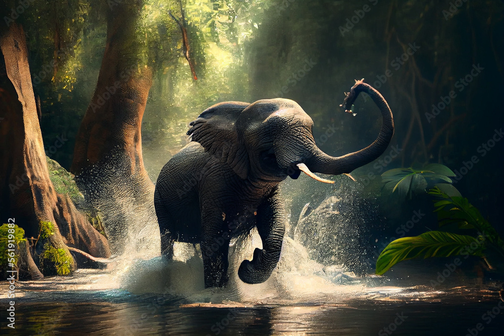 Wilder Elefant läuft durch einen Fluss im Dschungel Thailands - Ai ...