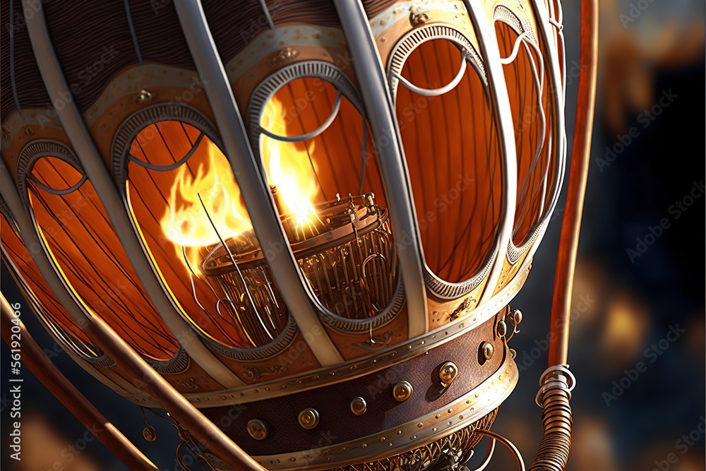 a large metal and glass object with flames inside of it's caged body ...