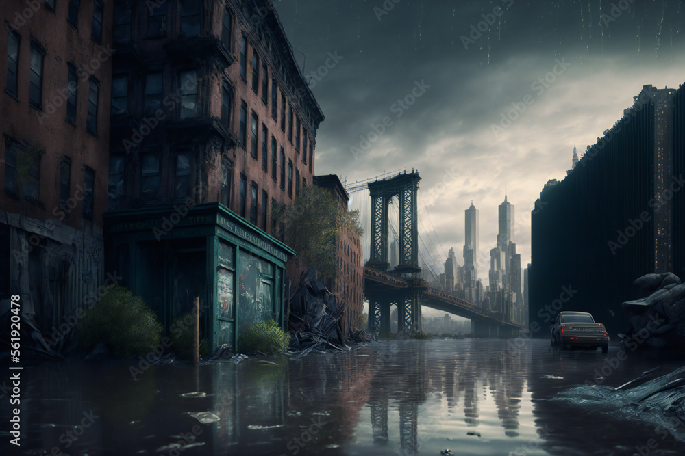 Abandoned New York City in the future. Empty roads and a dystopian ...