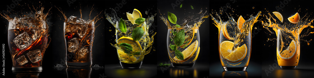 soda soft drink collection, cold cola lemon orange product, dark ...