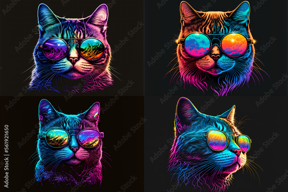 Synthwave style cute cat with sunglasses, dark black background ...