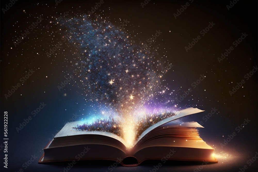 an open book with a glowing star coming out of it on a black background ...