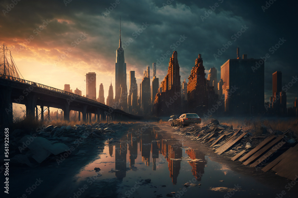 Abandoned New York City in the future. Empty roads and a dystopian ...