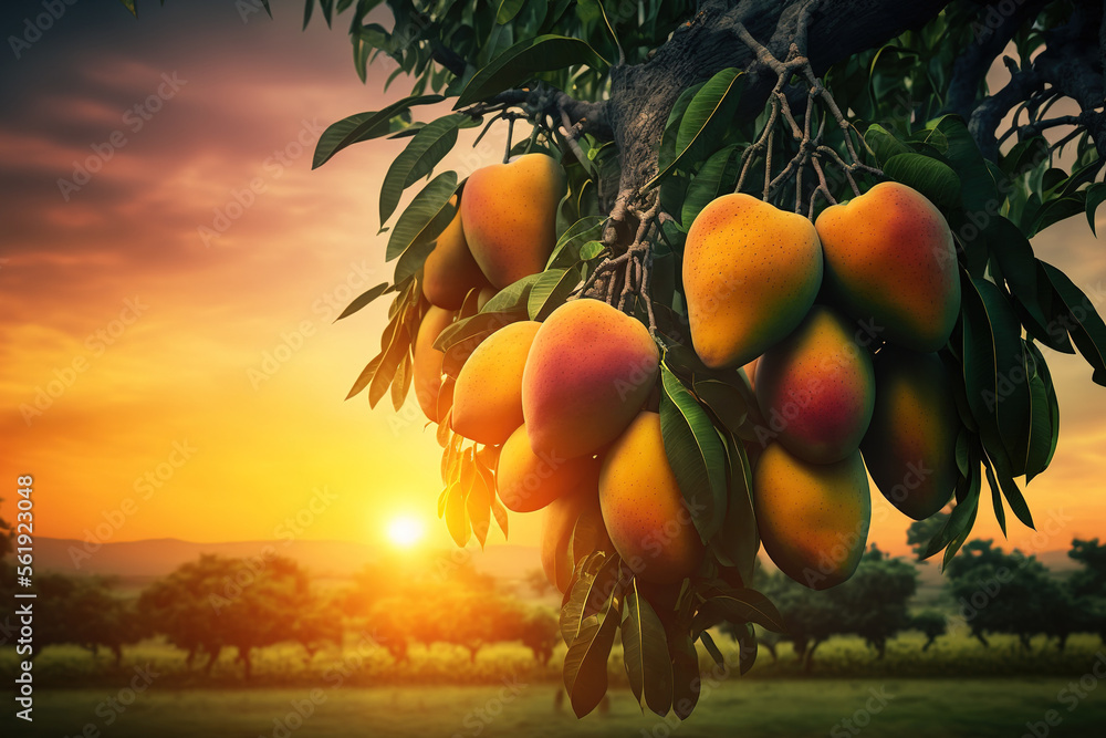 Thai mangoes in a bunch, tropical fruit hanging from a tree with green ...