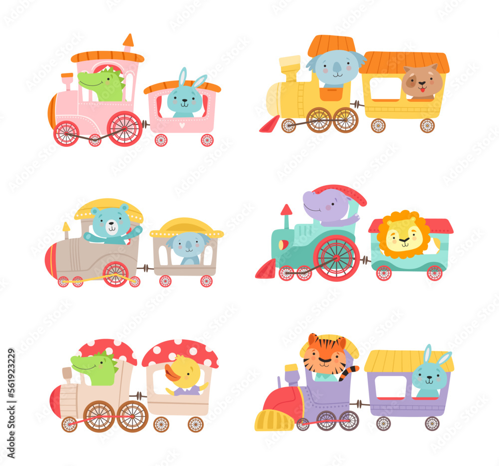 Cute animals riding train set. Little bunny, dog, bear, lion, crocodile ...