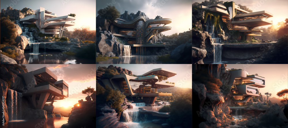 Villa House Building above falling water, cantilevered architecture ...