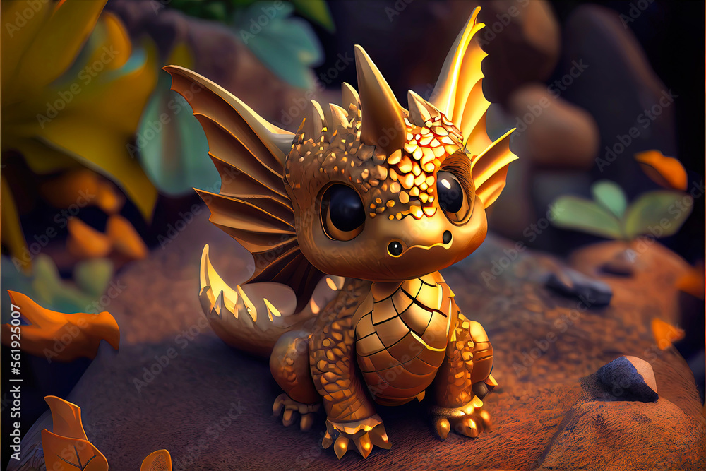 An adorable gold baby dragon generated in a 3D style to be cute in a ...
