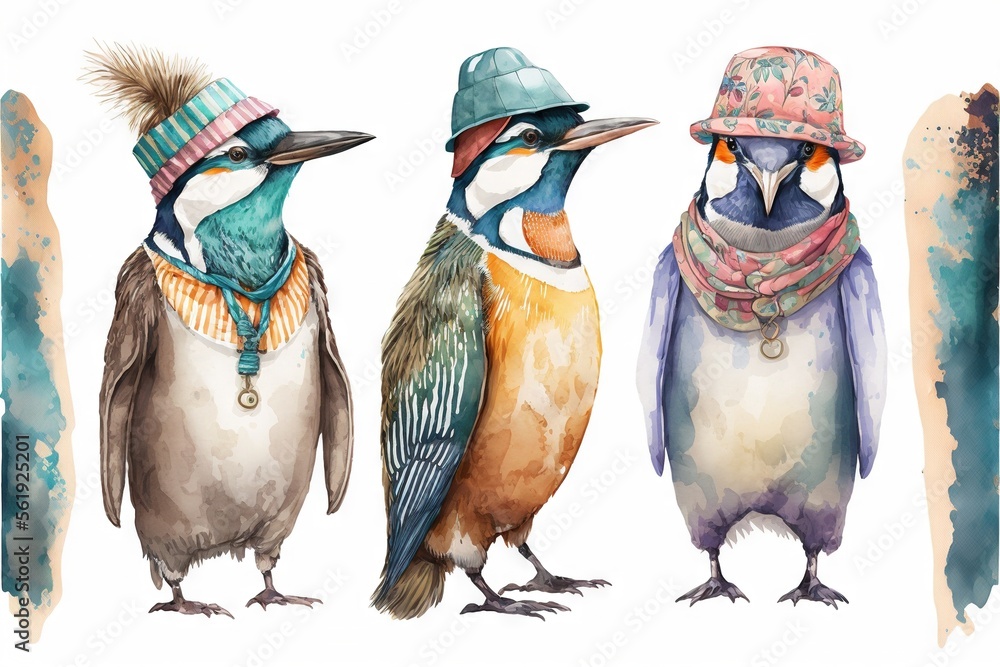 three birds wearing hats and scarves are standing next to each other on ...