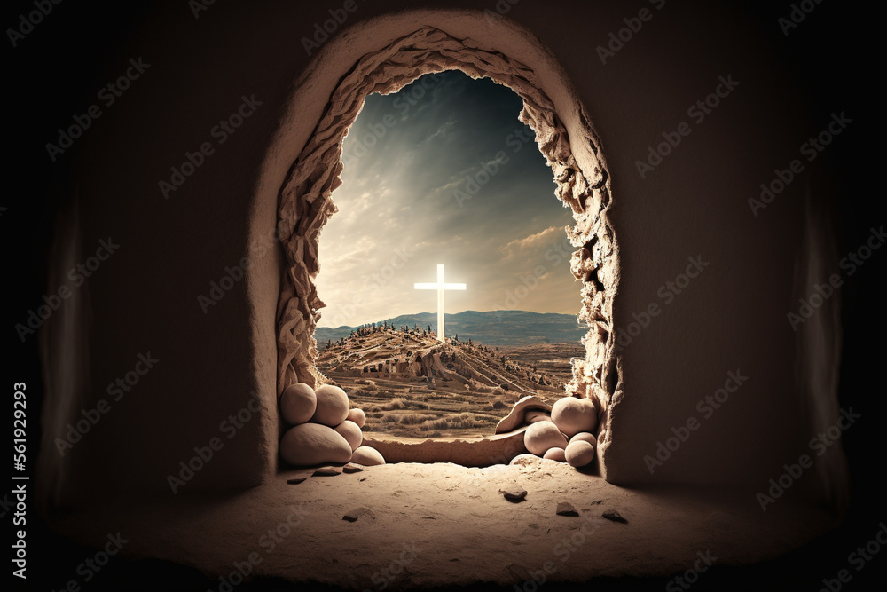 Empty tomb, resurrections of Jesus Christ. Easter themed image. Stock ...