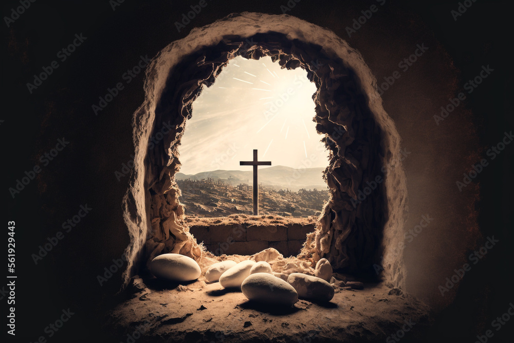 Empty tomb, resurrections of Jesus Christ. Easter themed image. Stock ...