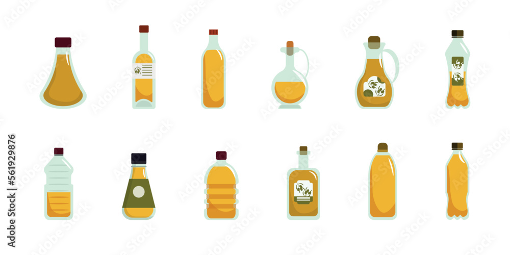 Set of beautiful oil bottles in cartoon style. Vector illustration of ...