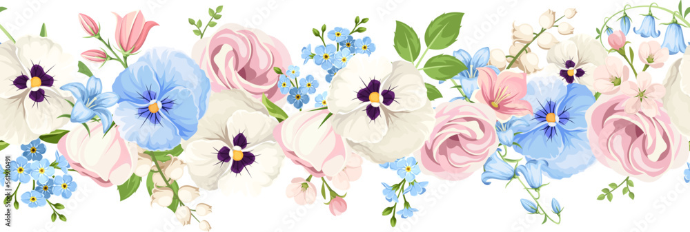 Horizontal seamless border with pink, white, and blue lisianthus ...