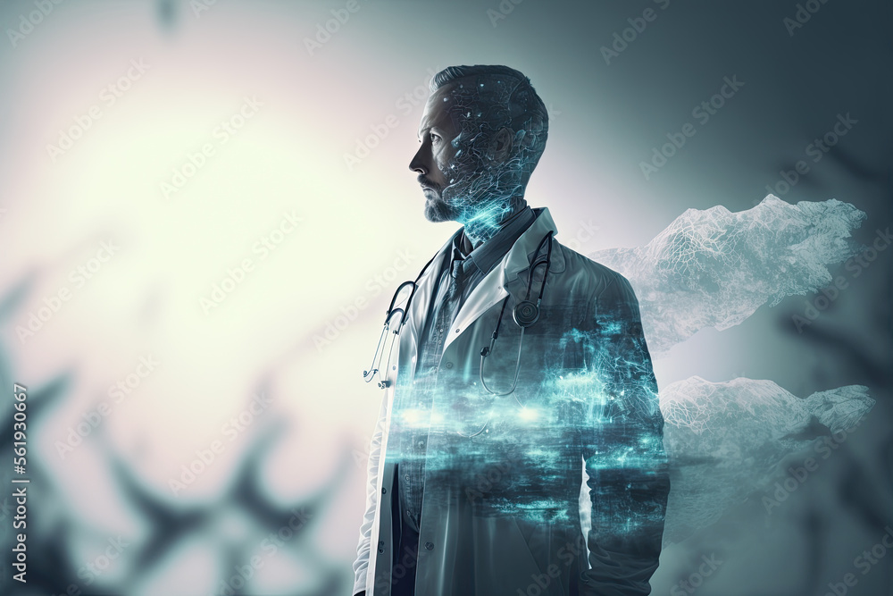 Generative AI illustration of scientist thinking and projecting his ...