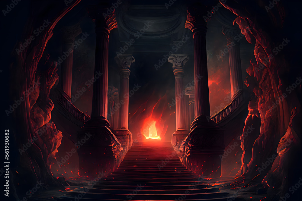 The eternal fire, dark atmospheric landscape with stairs to ancient ...