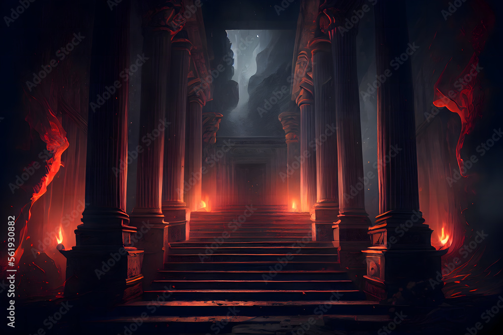 The eternal fire, dark atmospheric landscape with stairs to ancient ...