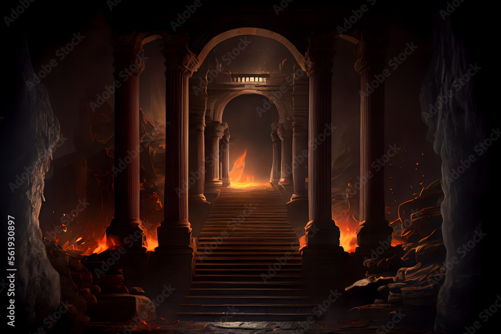The eternal fire, dark atmospheric landscape with stairs to ancient ...