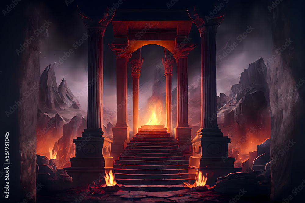 The eternal fire, dark atmospheric landscape with stairs to ancient ...