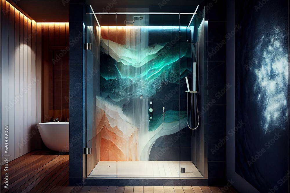 Modern bathroom illustration with walk in shower, glass walls Stock ...