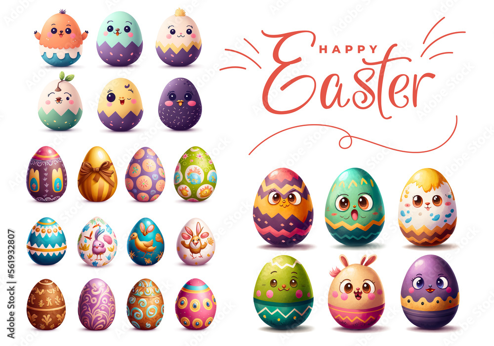 Cute little colorful easter egg characters and designs on a white ...