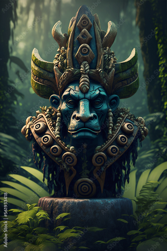 Stone and Jade totem statue in the middle of the jungle. Tribe totem ...