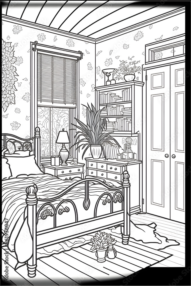 Bedroom interior for colouring book, colouring Pages, colouring Pages ...