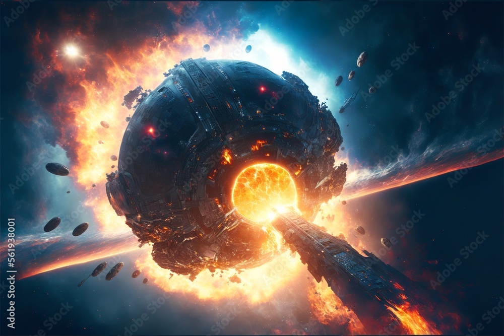 Spaceship flying through an ultimately gigantic megastructure around a ...