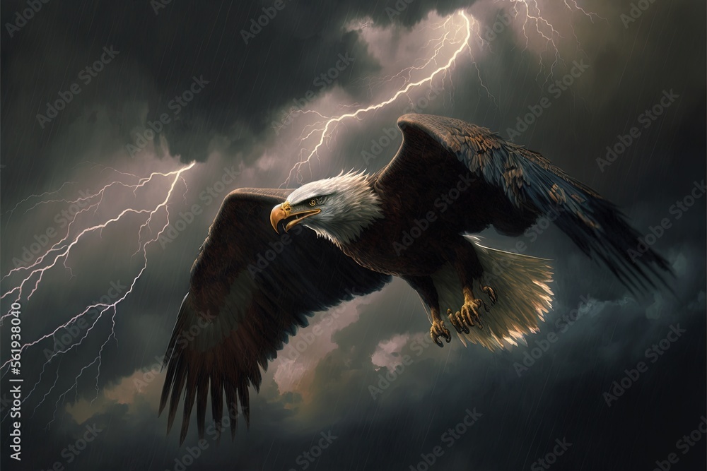 a bald eagle flying through a cloudy sky with lightning behind it and a ...
