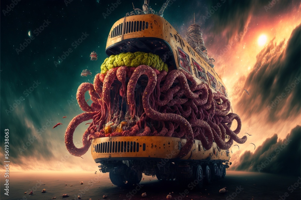 Alien sandwich school bus looking spaceship with tentacles Stock ...