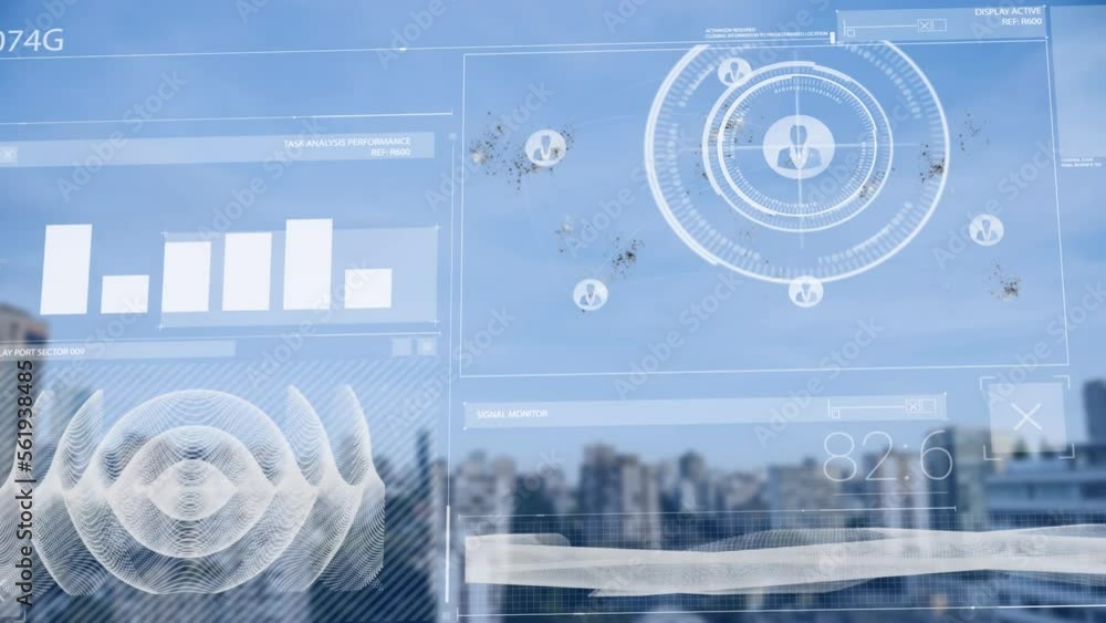 Animation of graph, soundwave, profile icons, map, numbers over ...