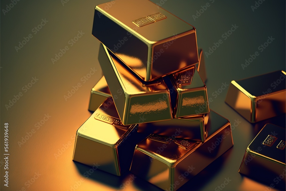 a pile of gold bars sitting on top of each other on a table top with a ...