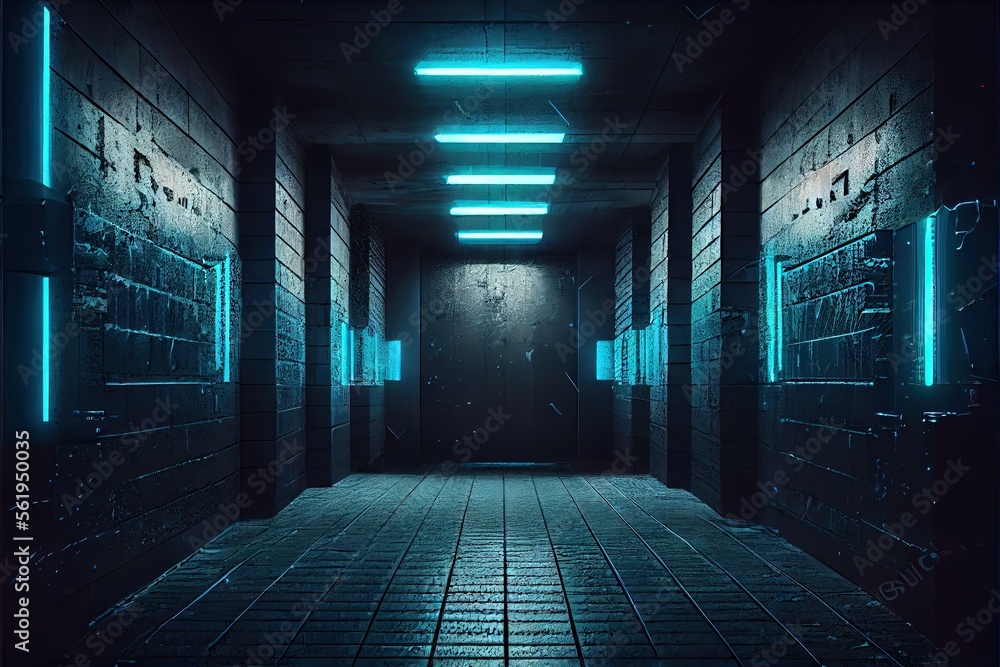 Sci Fi Alien Cyber Dark Hallway Room Corridor Neon Blue Lights On ...