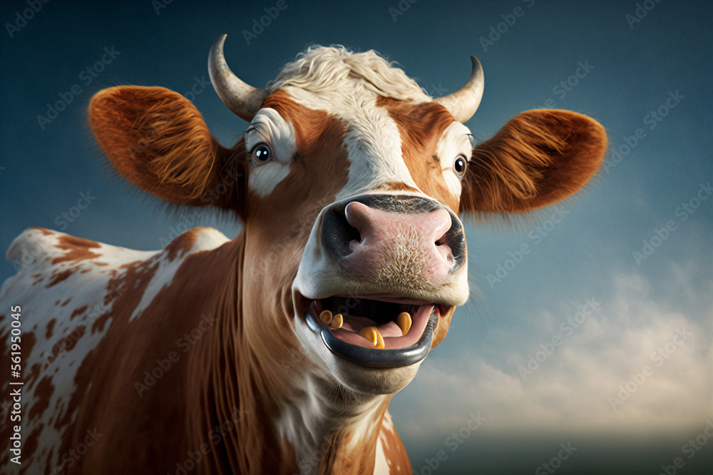 AI generative illustration of happy smiling cow on blurred background ...