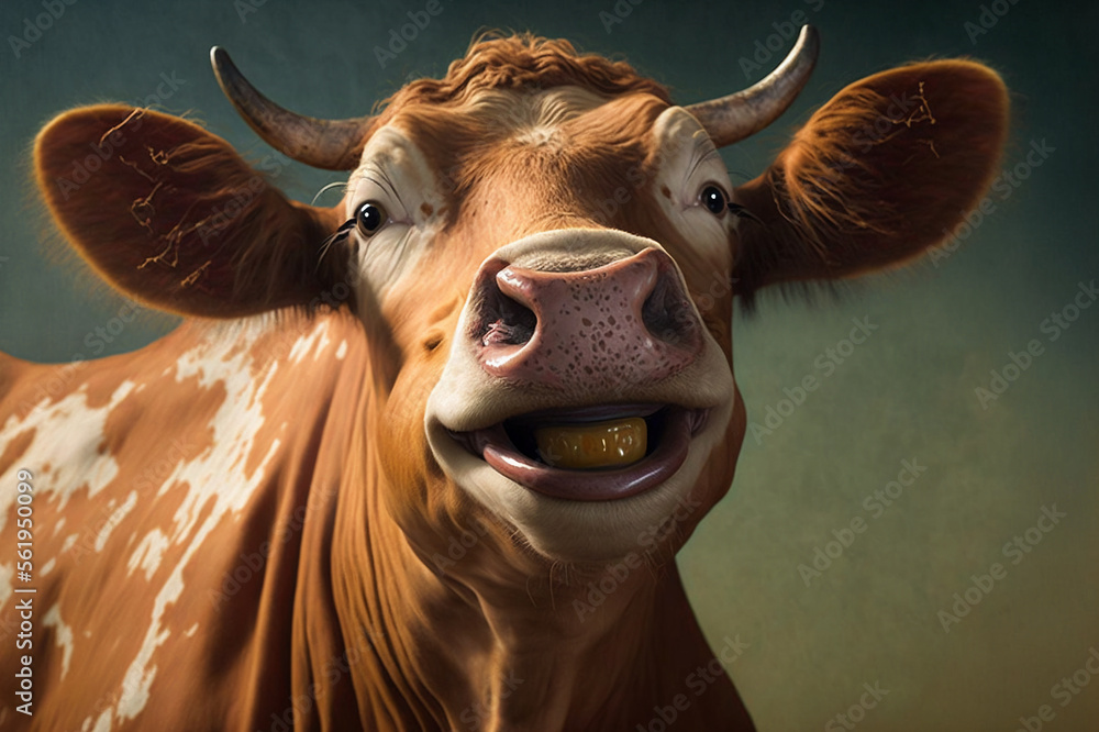 AI generative illustration of happy smiling cow on blurred background. Stock Illustration ...