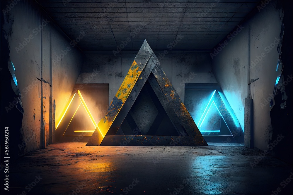 Sci Fi Futuristic Cyber Neon Triangles Glowing Blue Yellow Laser Lights ...