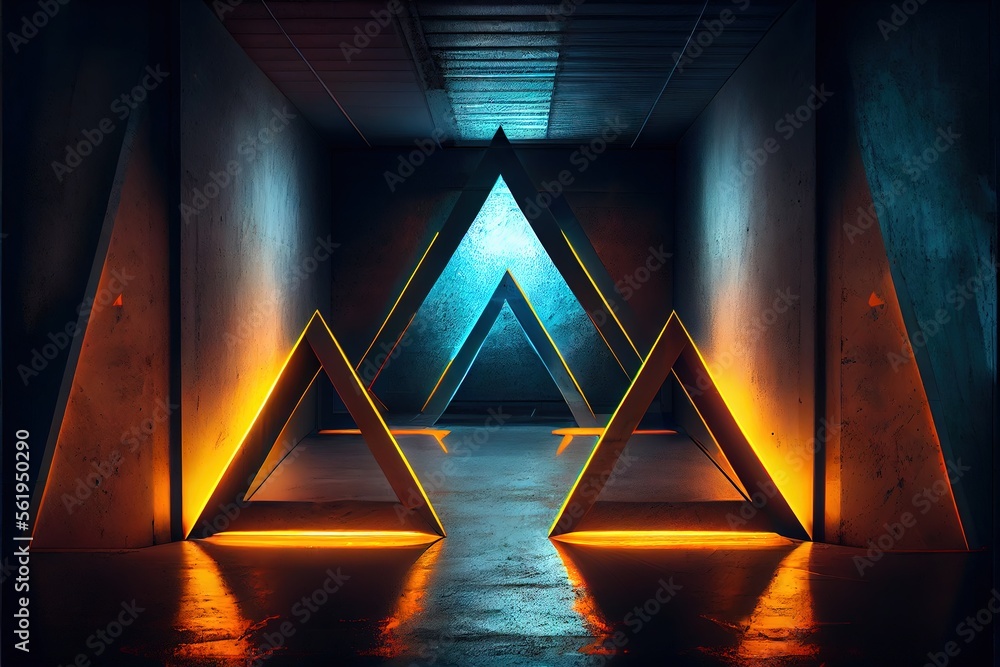 Sci Fi Futuristic Cyber Neon Triangles Glowing Blue Yellow Laser Lights ...