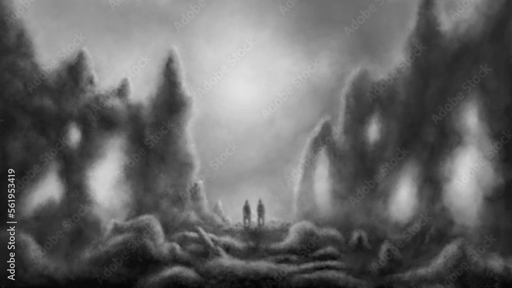 Two men stand among stone ruins. Dark silhouette scary illustration ...