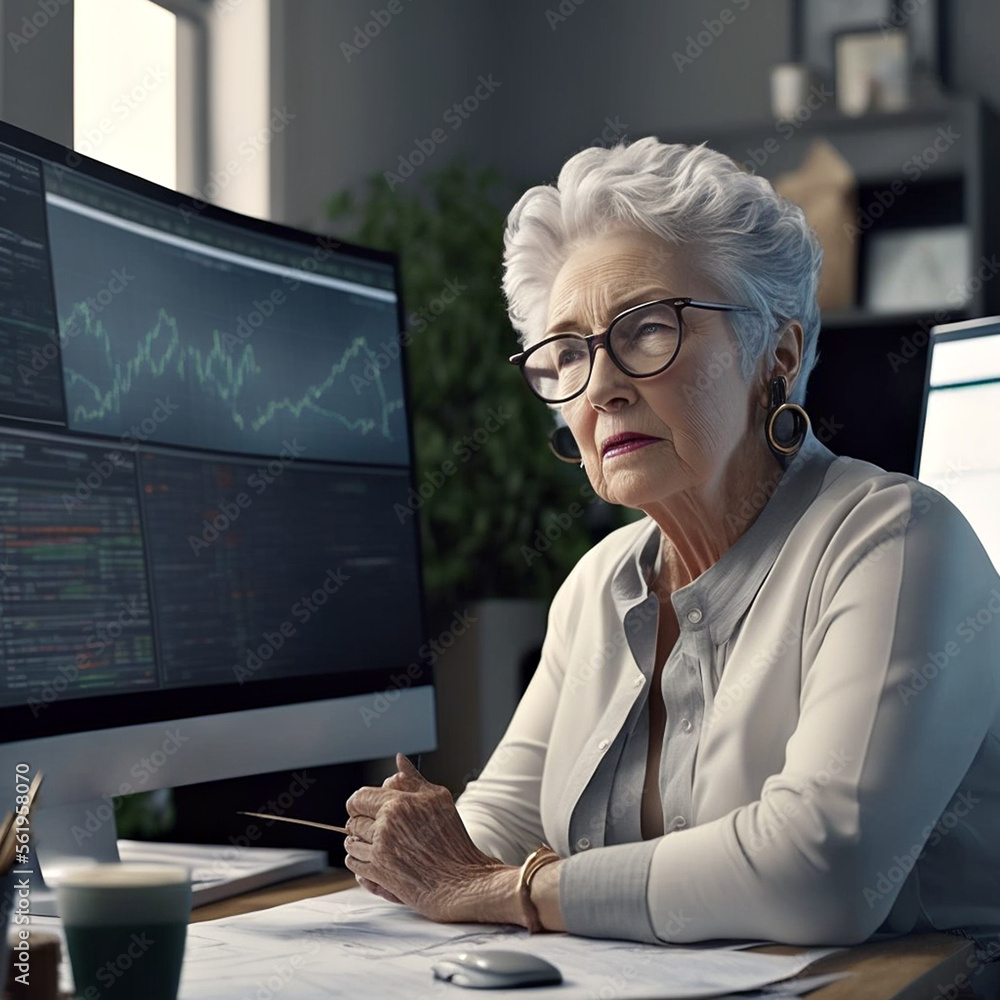 Pensive senior business woman, female investment banker at workplace by ...